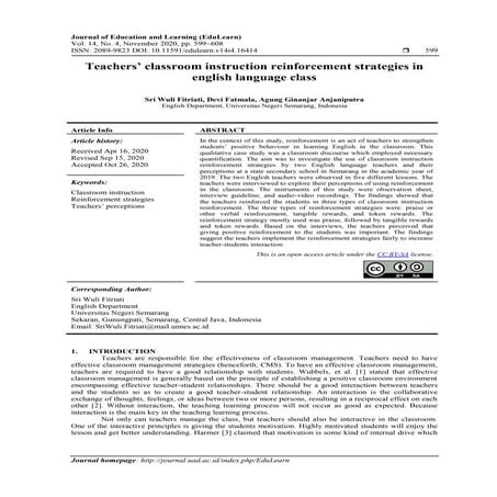 Teachers’ classroom instruction reinforcement strategies in english ...