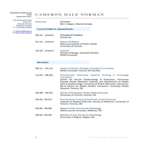 Cameron Norman Current Curriculum Vitae (2017) | PDF