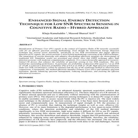 ENHANCED SIGNAL ENERGY DETECTION TECHNIQUE FOR LOW SNR SPECTRUM SENSING IN COGNITIVE RADIO ...