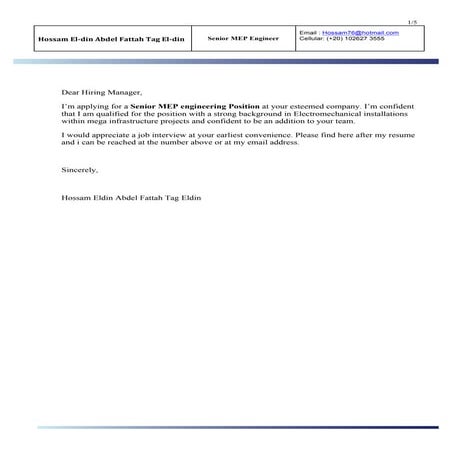 Senior MEP Engineer_Hossam Abdel Fattah TAG ELDIN | PDF