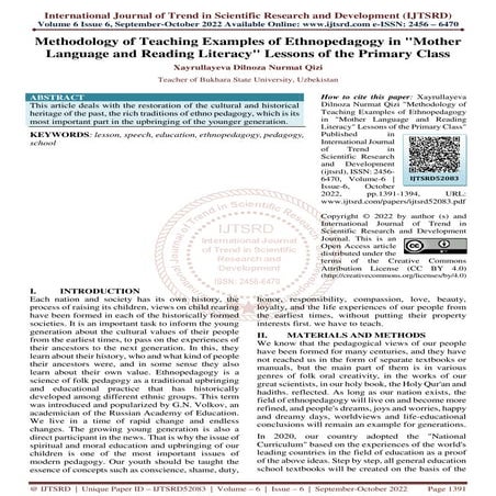 Methodology of Teaching Examples of Ethnopedagogy in Mother Language ...