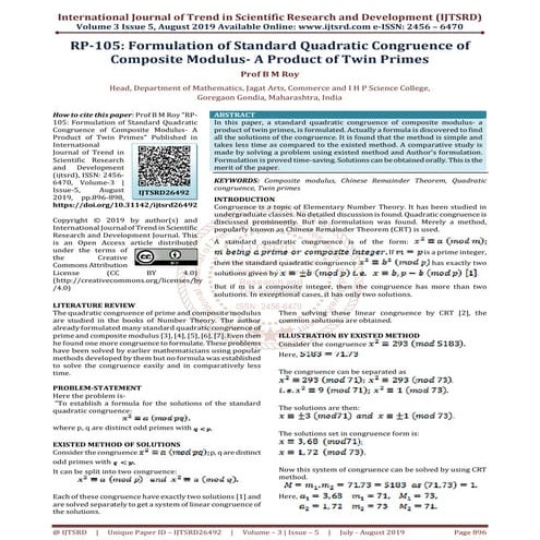 RP 105 Formulation of Standard Quadratic Congruence of Composite ...