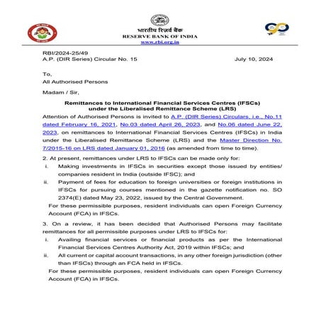 RBI Circular on LRS (Liberalized Remittance Scheme) | PDF