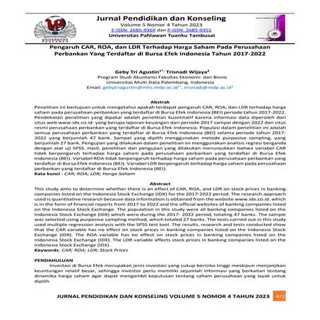 Pengaruh CAR, ROA, dan LDR terhadap Harga Saham Pada Perusahaan ...