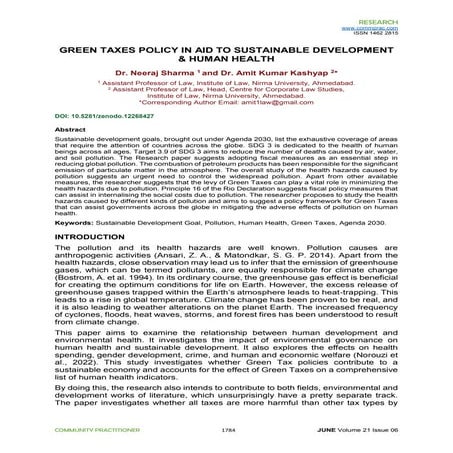 GREEN TAXES POLICY IN AID TO SUSTAINABLE DEVELOPMENT & HUMAN HEALTH | PDF