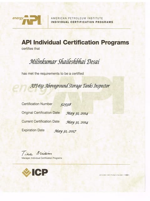 Milinkumar-API 580 Certificate | PDF