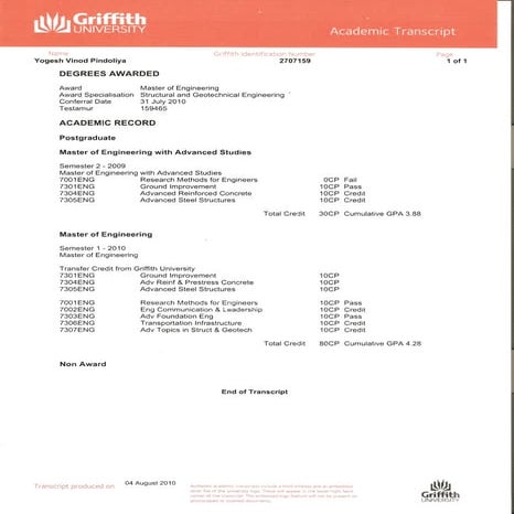 Transcript_Master of Engineering, Griffith University | PDF
