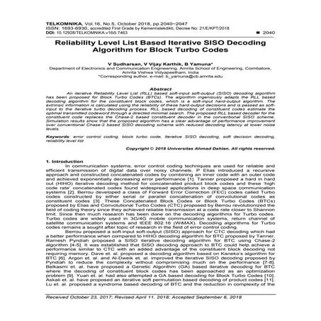 Reliability Level List Based Iterative Siso Decoding Algorithm For Block Turbo Codes Pdf