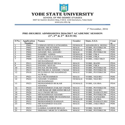 YSU 2016/2017 3rd Batch Pre-degree Admission List www.alluniversitynews.com