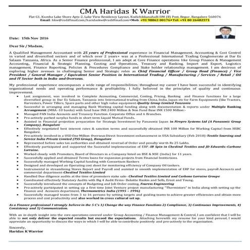 Profile and CV CMA Haridas K Warrior | DOCX