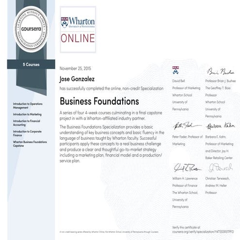 Final Certificate - Coursera Business Foundations 2015 | PDF