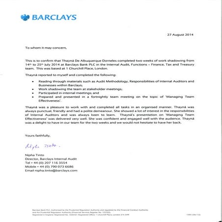 Barclays Reference Letter | PDF