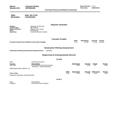 Cal Poly Pomona Unofficial Transcript | PDF