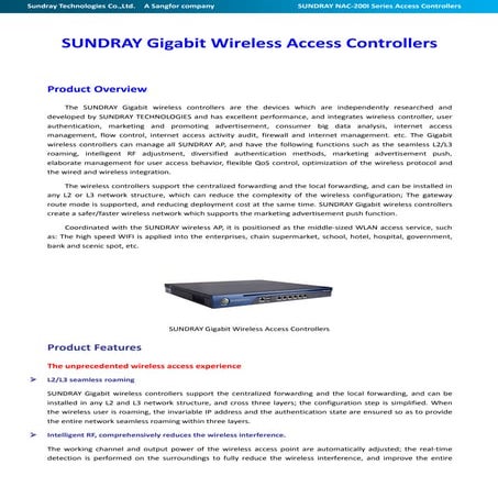 SUNDRAY Gigabit Series Wireless Access Controller | PDF