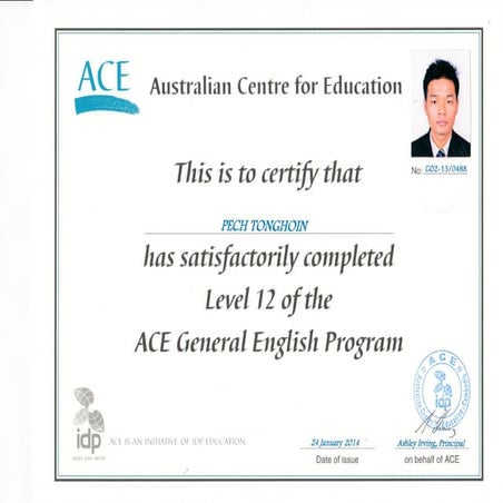 ACE Certificate (Pech Tonghoin) | PDF