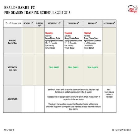 Pre-Season Training Schedule 2014-15 | PDF | Soccer | Sports