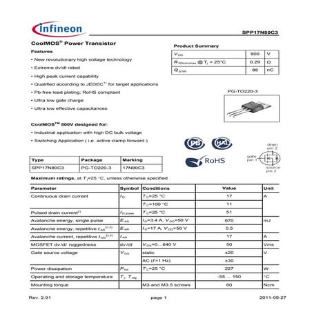 Original Transistor 17N80C3 17N80 SPP17N80C3 SPA17N80C3 800V 17A TO-220F New | PDF