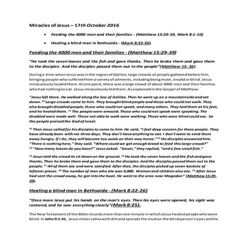 17th october 2016 - Miracles of Jesus: Feeding the 4000 • Healing a ...