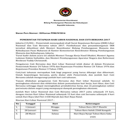 SKB 3 Menteri Hari Libur Nasional dan Cuti Bersama 2017 | PDF