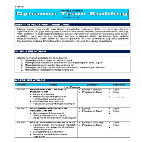 Silabus Training "Dynamic TEAMWORK BUILDING" | PDF