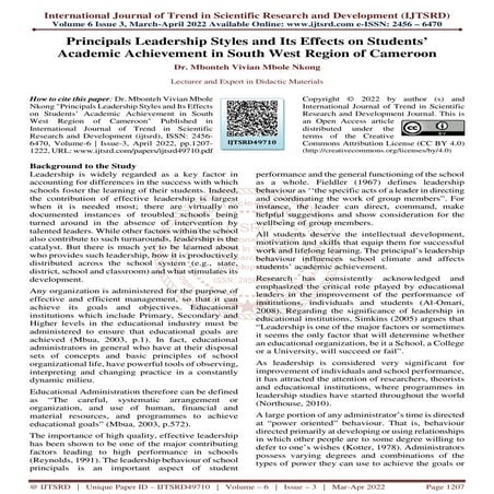 Principals Leadership Styles and Its Effects on Students’ Academic Achievement in South West ...