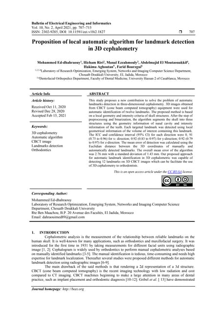 Proposition Of Local Automatic Algorithm For Landmark Detection In 3d Cephalometry Pdf