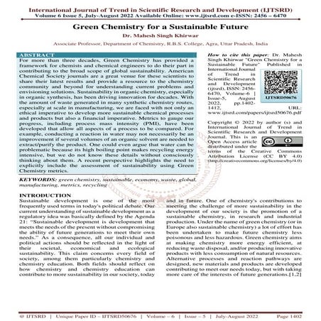 Green Chemistry for a Sustainable Future | PDF