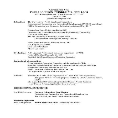 Paula Swindle CV Summer 2016 | PDF