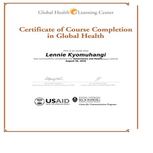 Global Health eLearning Center Certificate - Governance and Health | PDF