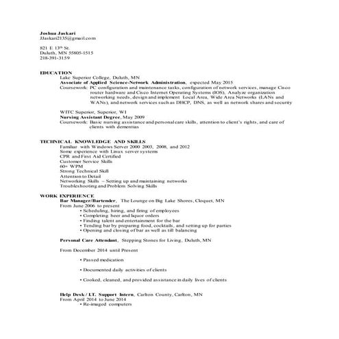 Joshua Jaskari resume | DOCX | Computer Networking | Computing