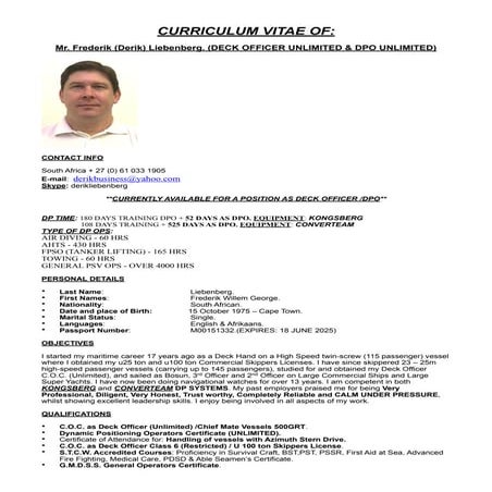 CV - 2nd Officer DPO - FREDERIK LIEBENBERG | PDF