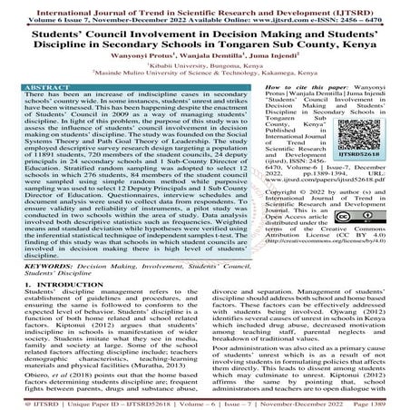 Students’ Council Involvement in Decision Making and Students ...