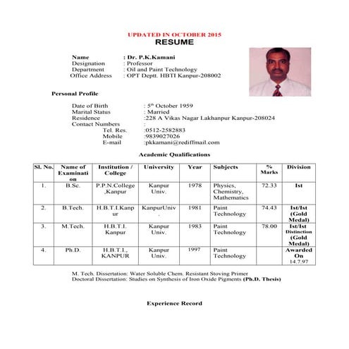 RESUME-pkk_profile_october-15 | DOC | Chemistry | Science