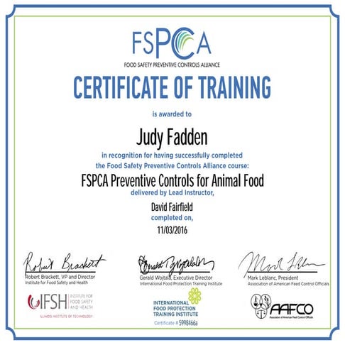 FSPCA for Animal Feed Certificate of Completion 11-3-16 | PDF | Food ...