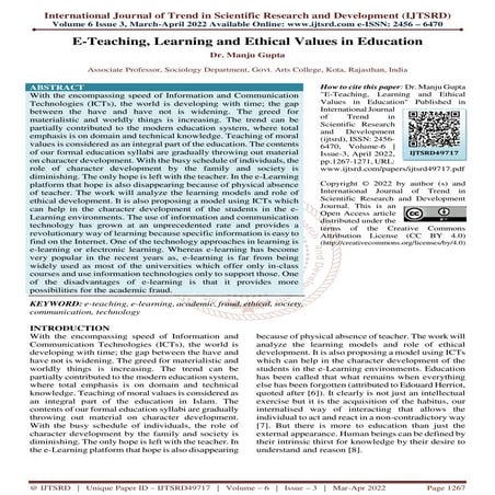 E Teaching, Learning and Ethical Values in Education | PDF