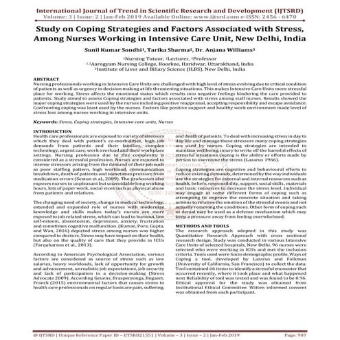 Study on Coping Strategies and Factors Associated with Stress, Among Nurses Working in Intensive ...