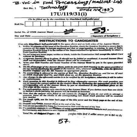 BHU UET 2017 B.Voc Food Processing Previous Question Paper | PDF