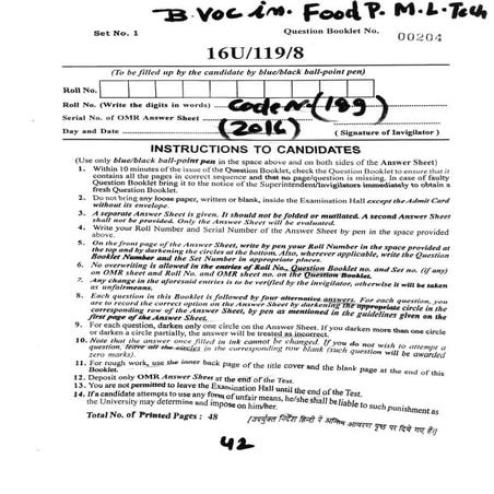 BHU UET 2016 B.Voc Food Processing Previous Question Paper | PDF