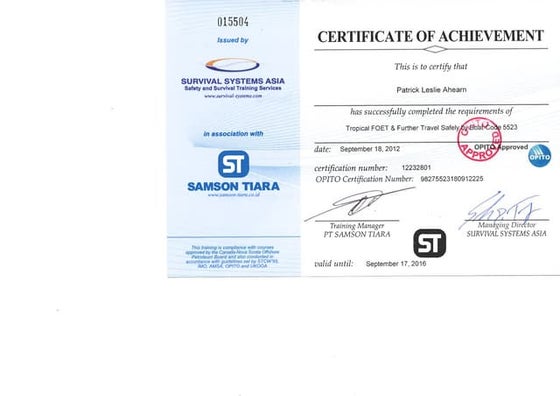 Personal reference from Chevron DSV Dwayne Fabian | DOC