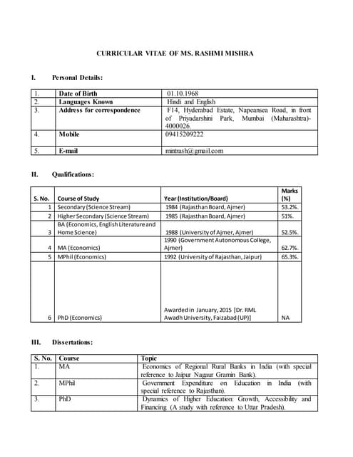 CV Dr. Rashmi Mishra 28092016 | PDF CV Dr. Rashmi Mishra 28092016 | PDF