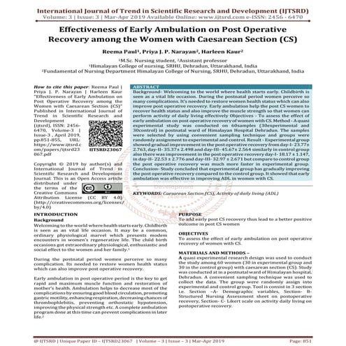 Effectiveness of Early Ambulation on Post Operative Recovery among the ...