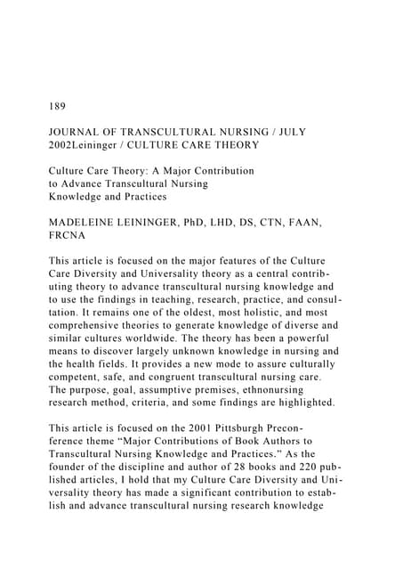 Madeleine Leininger transcultural theory | PPTX | Education