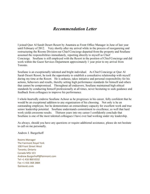 Hotel front office manager recommendation letter