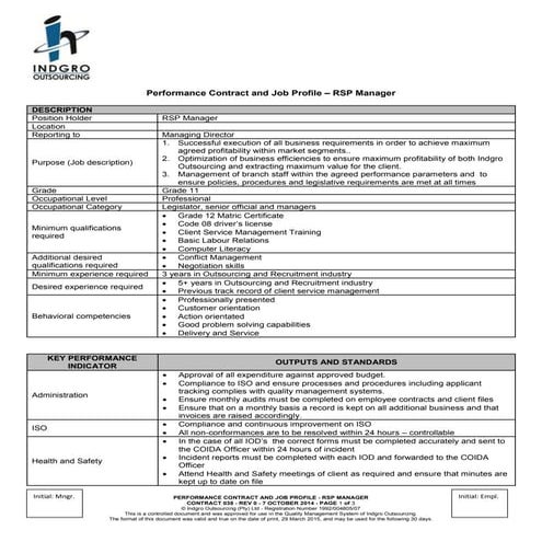 Job Profile RSP Manager | PDF