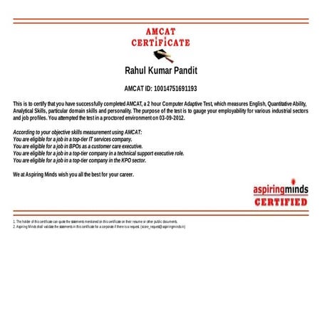 Rahul Pandit - Amcat Score Card | PDF