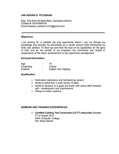 resume for OJT | DOCX | Technology & Computing