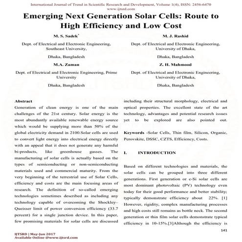 Emerging Next Generation Solar Cells: Route to High Efficiency and Low ...