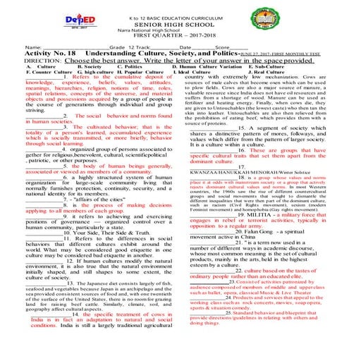 18 unit test Understanding Culture, Society & Politics | DOCX