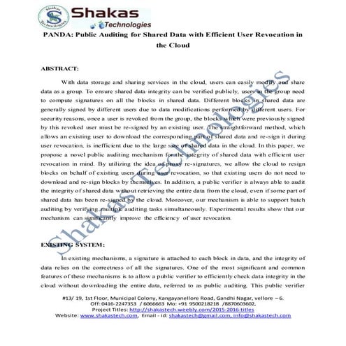 Panda Public Auditing For Shared Data With Efficient User Revocation In The Cloud Pdf