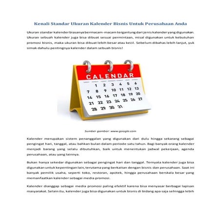 Kenali Standar Ukuran Kalender Bisnis Untuk Perusahaan Anda | PDF